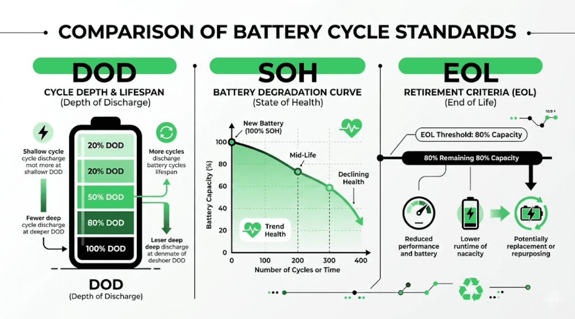 Battery Cycle Standards: DOD vs SOH vs EOL - SunLith Energy